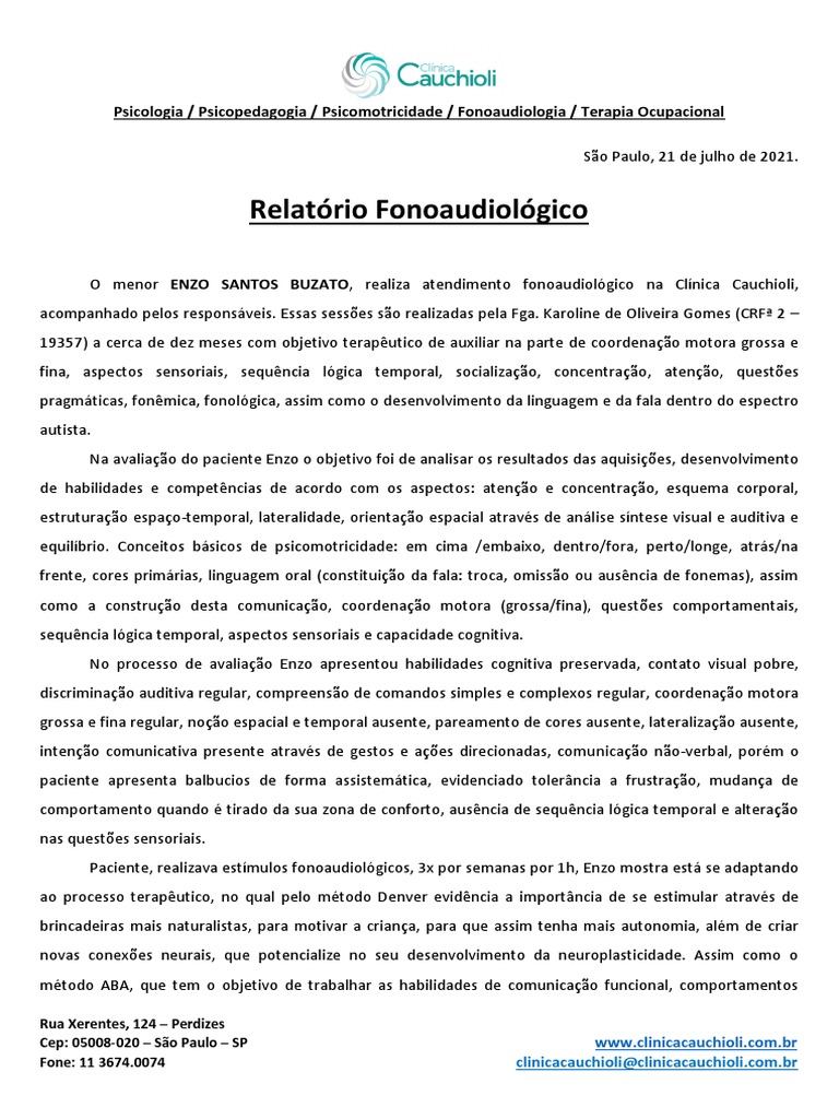 Relatório Fonoaudiológico sobre Desenvolvimento de Criança com Autismo ...