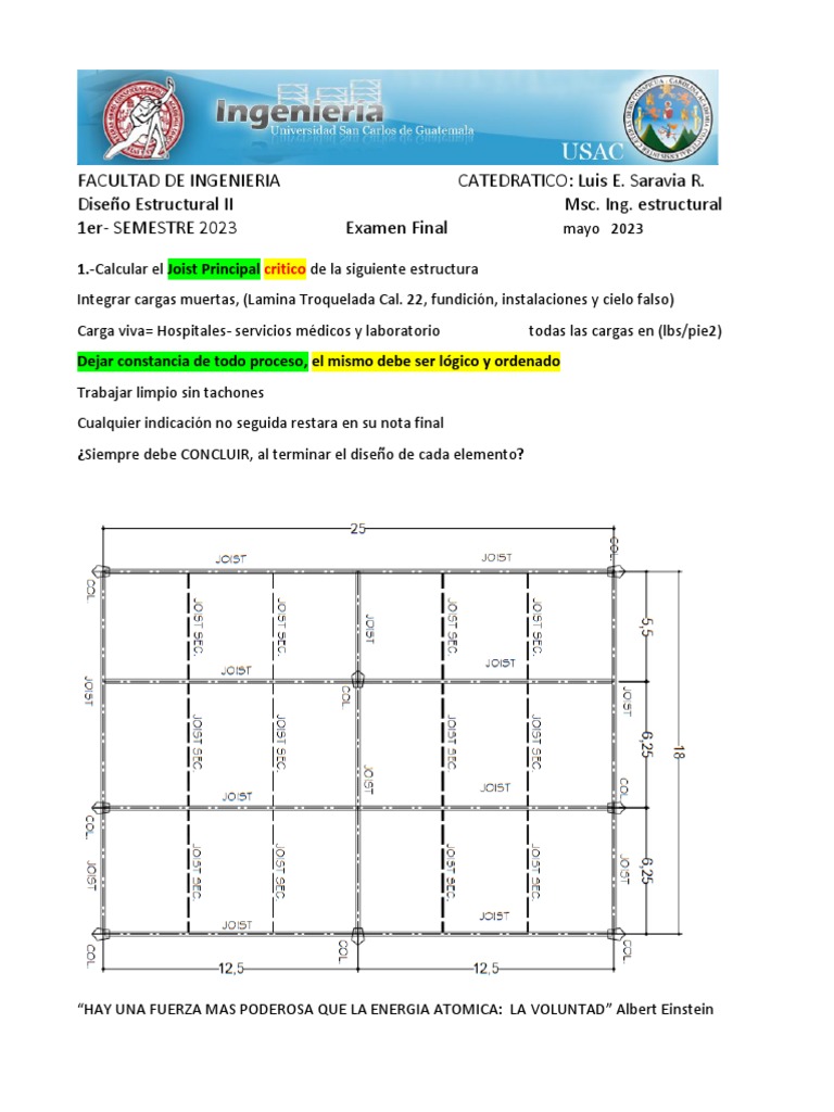 Examen final Parcial Diseño Estructural II 1S2023.pdf | PDF