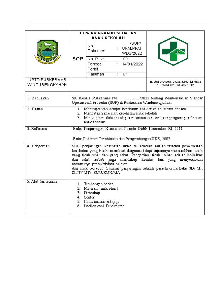 Sop Penjaringan Uks | PDF