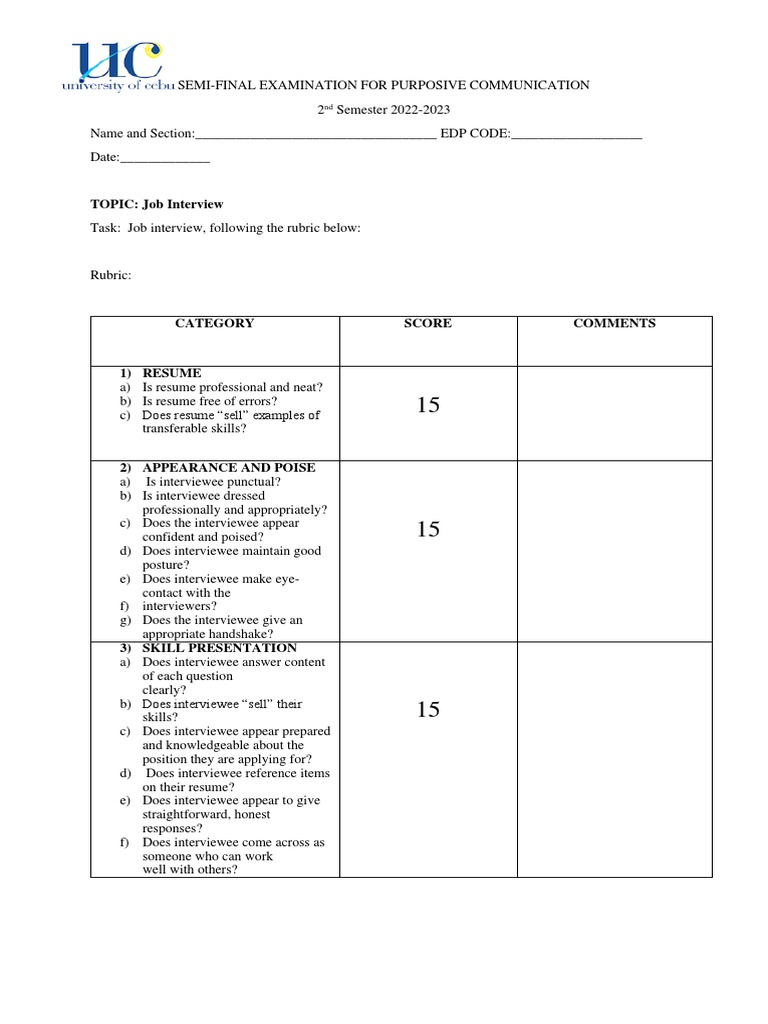 Semi Finals Job Interview. Criteria | PDF | Job Interview | Linguistics