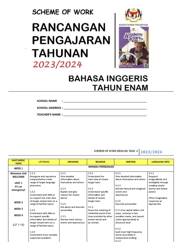 RPT English Year 6 2023-2024 | PDF