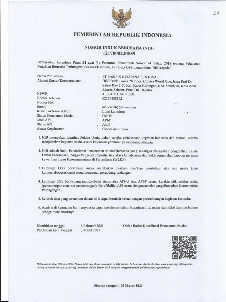 Scan NIB PT Pasifik | PDF