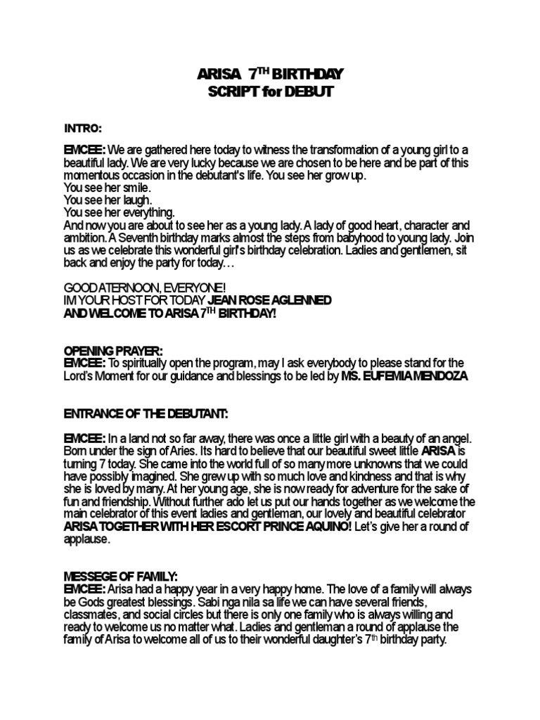 ARISA 7TH BIRTHDAY SCRIPT | PDF