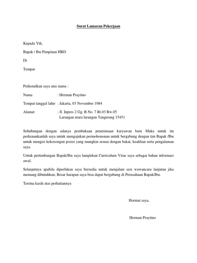 Surat Lamaran Pekerjaan Herman Prayitno PDF | PDF
