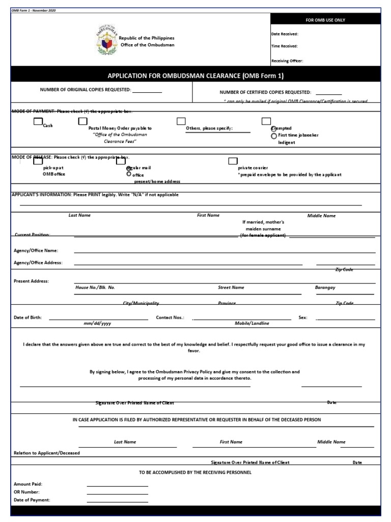 OMB Form 1 - Application For Ombudsman Clearance - Fillable | PDF