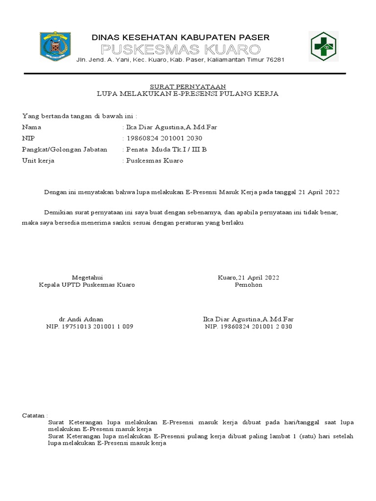 SURAT Pernyataan Lupa Absen | PDF