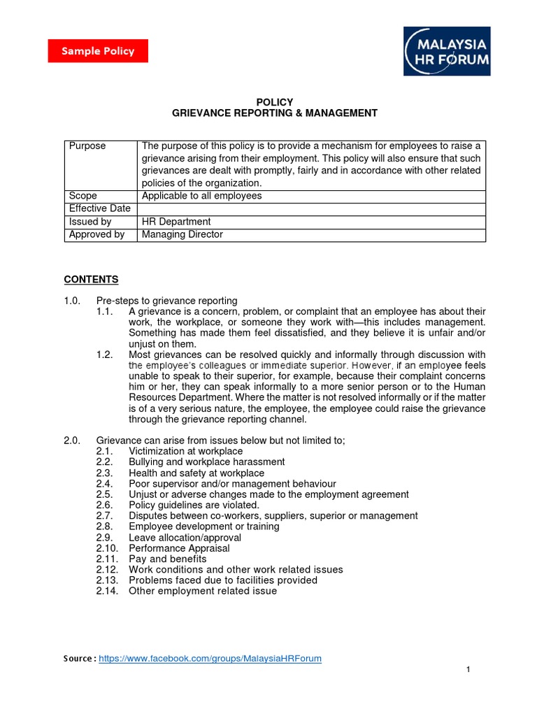 Sample Policy - Grievance Reporting & Management Policy.pdf | PDF ...