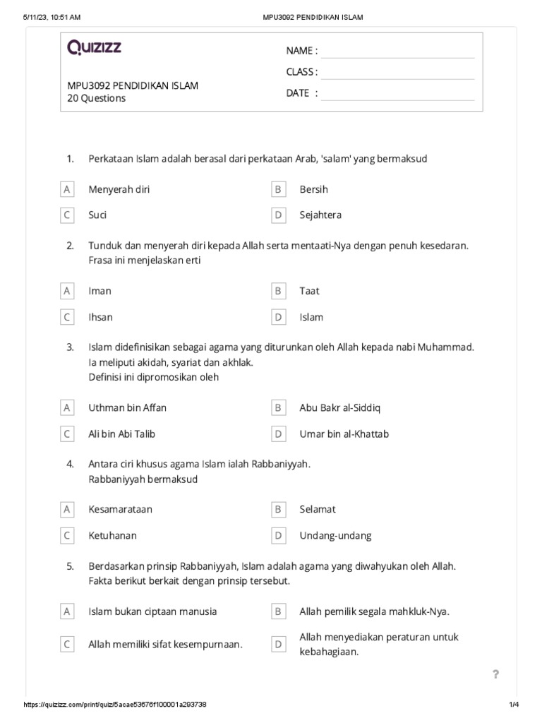 MPU3092 PENDIDIKAN ISLAM - Kuiz Objektif | PDF