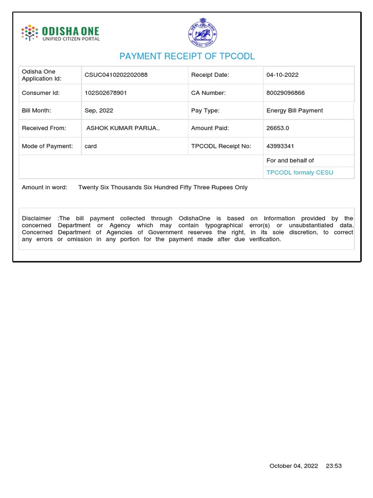TPCODL Payment Receipt - Oct 2022 | PDF