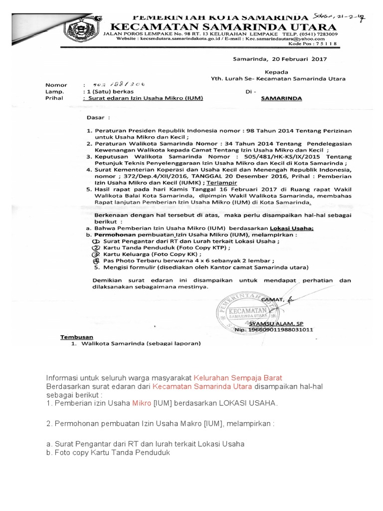 SURAT CAMAT Mengenai IUMK | PDF