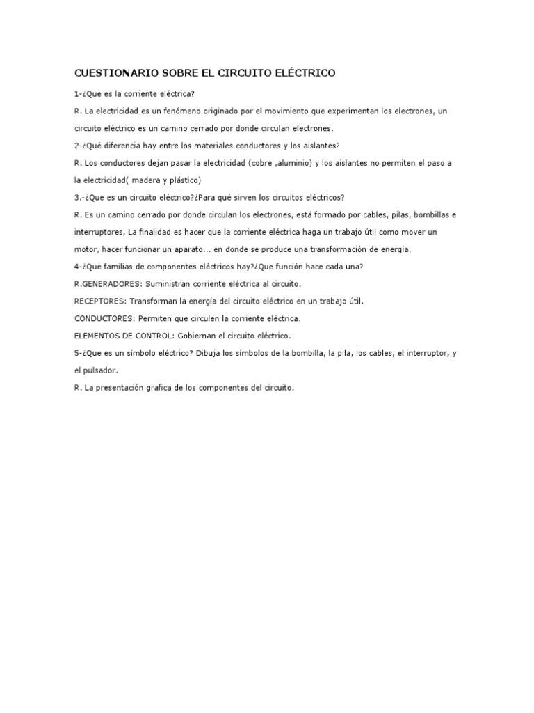 CUESTIONARIO SOBRE EL CIRCUITO ELÉCTRICO.docx | PDF | Corriente eléctrica | Electricidad