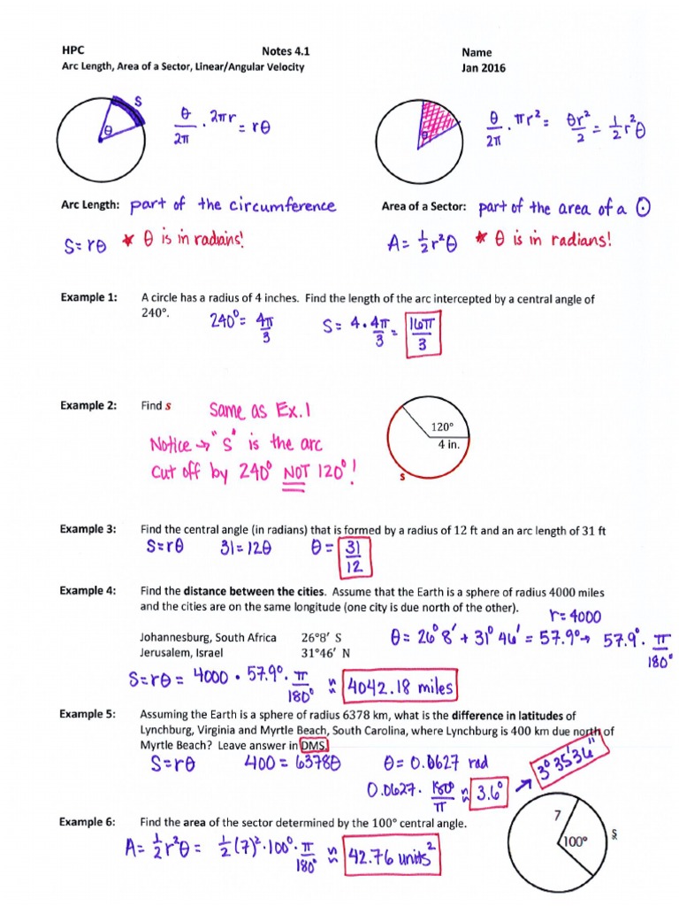 4.1 Notes - Arc Length - Area of Sector - Linear - and - Angular ... 4.1 Notes - Arc Length - Area of Sector - Linear - and - Angular ...