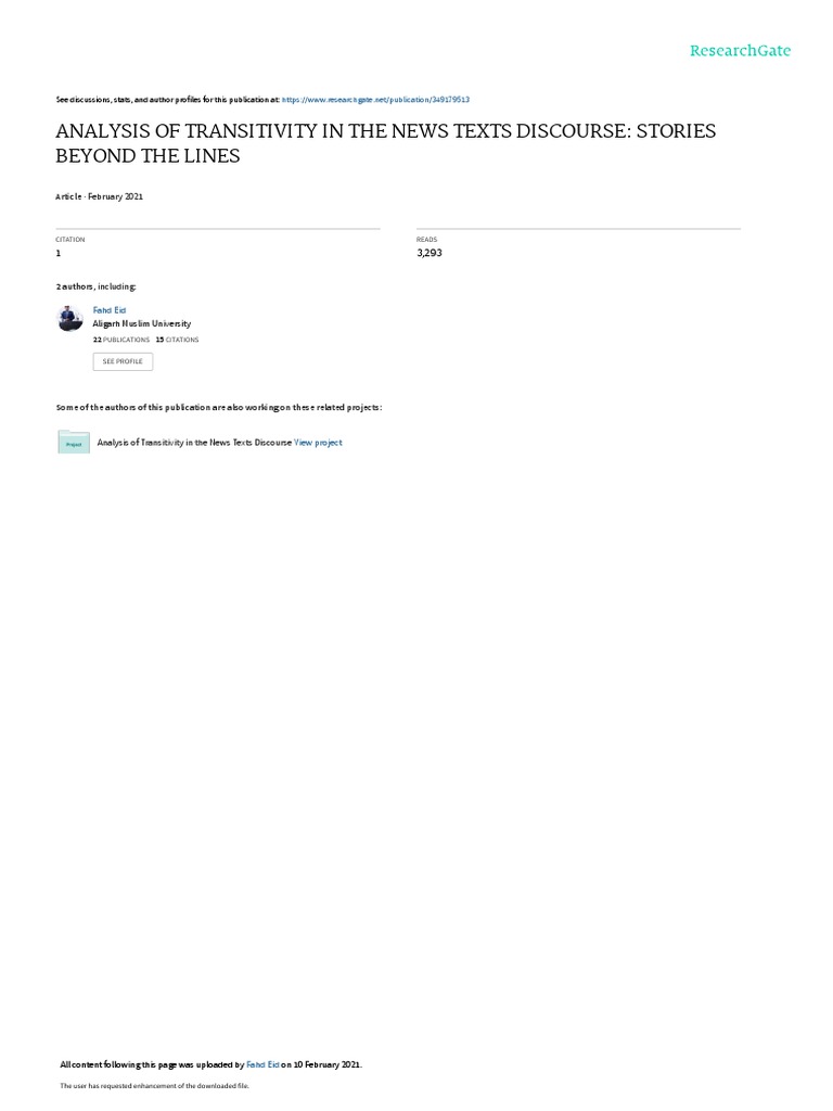 Analysis of Transitivity in The News Texts Discourse: Stories Beyond The Lines | PDF