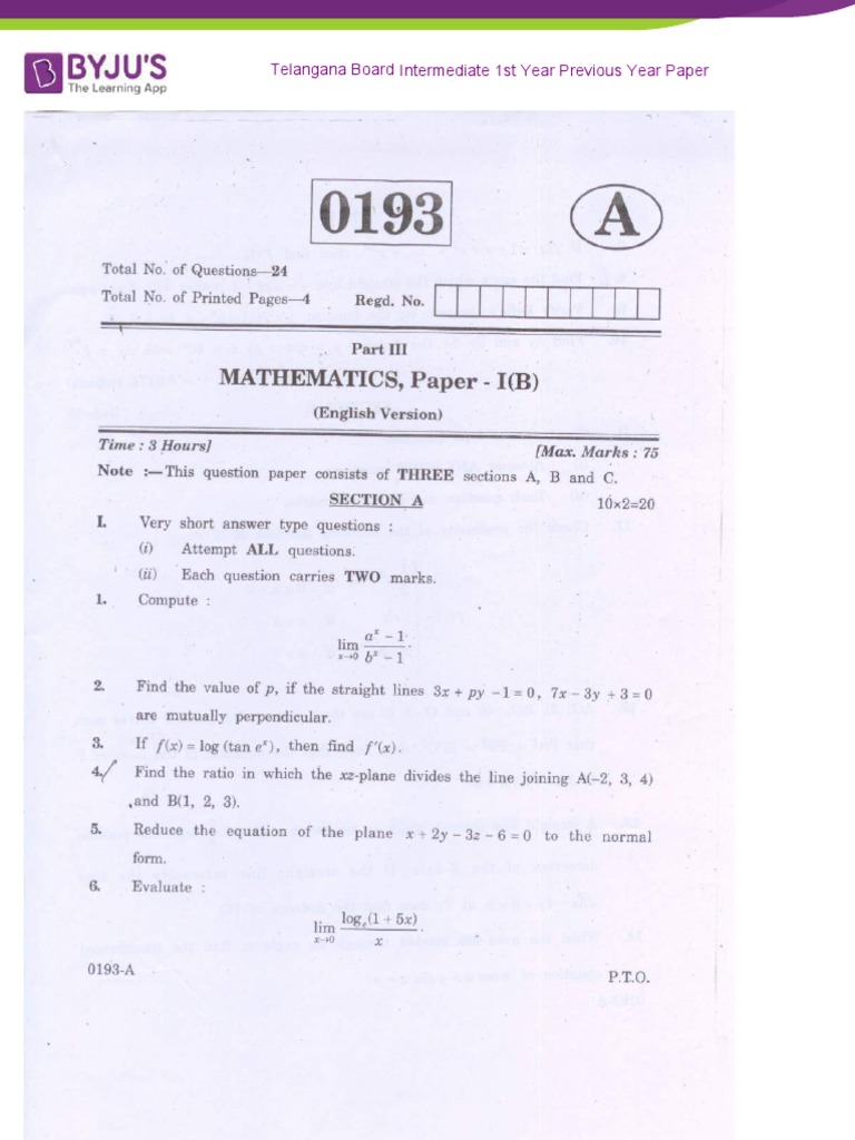 Telangana Board Intermediate 1st Year Maths 1B Question Paper March 2019 PDF | PDF