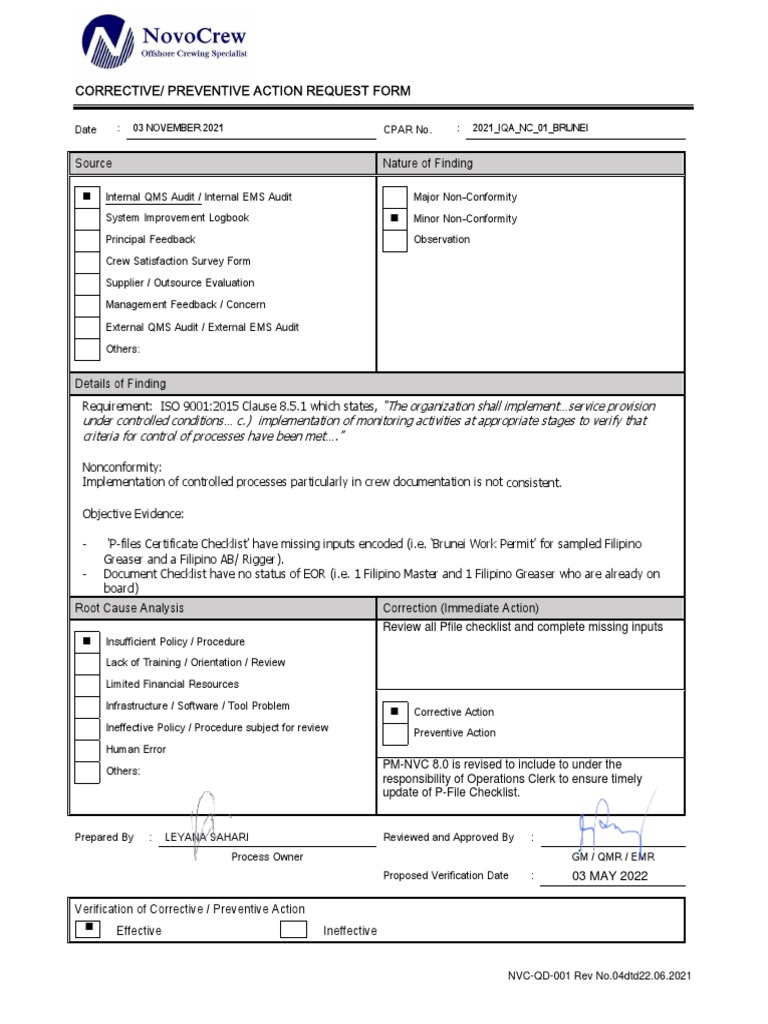 CPAR Form Rev04 - 2021 - IQA - 01 - OPS BRUNEI | PDF | Audit | Business