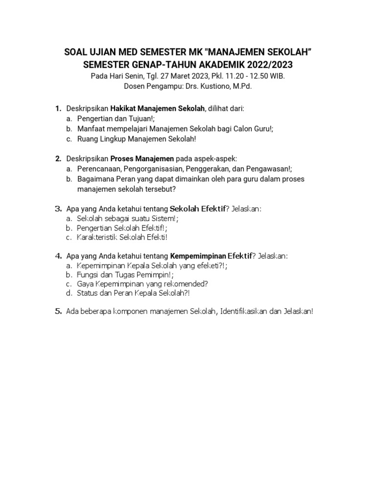 SOAL UJIAN MED SEMESTER MK MANAJEMEN SEKOLAH-2023-Smt GNP | PDF