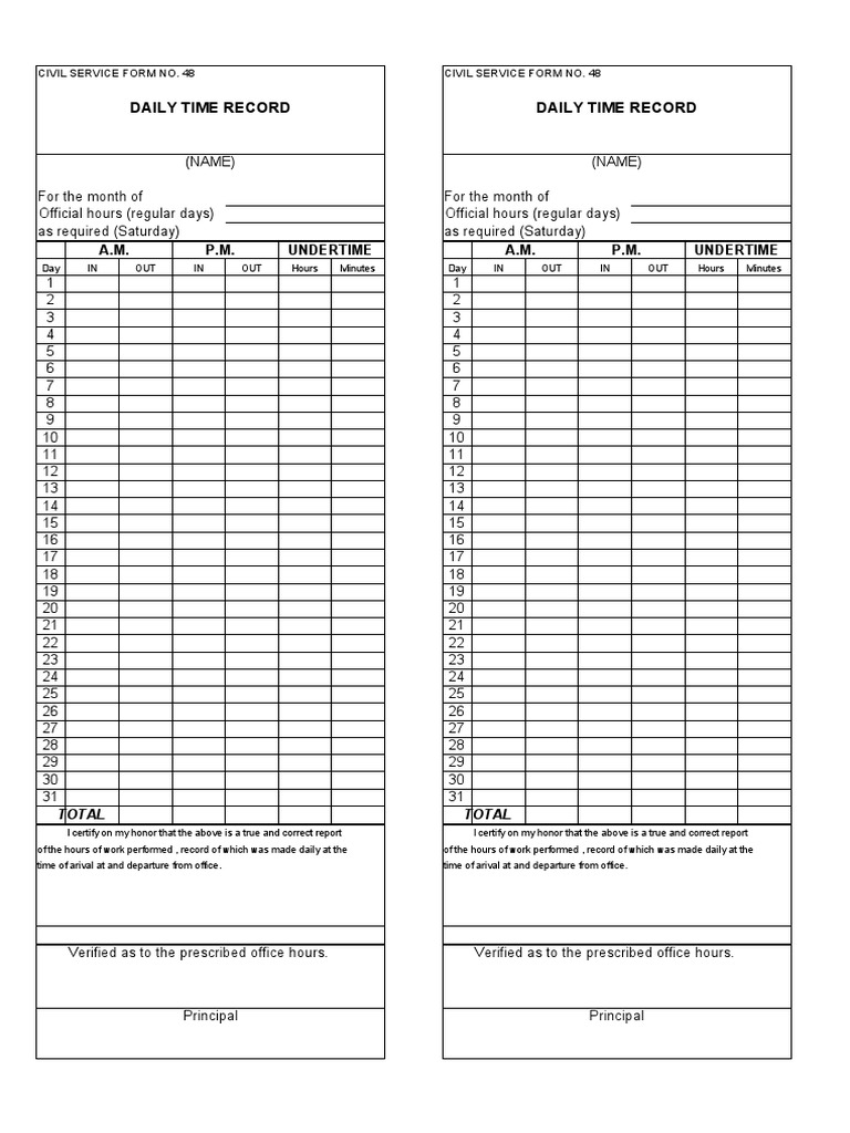 Daily Time Record Instructions: Civil Service Form No. 48 | PDF ...