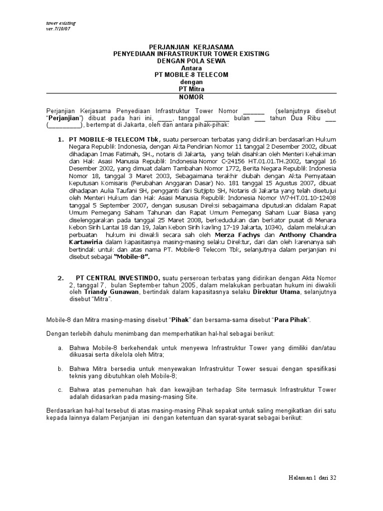 Appendix A2 PKS Sewa Infrastruktur (Existing Site) - TEMPL | PDF