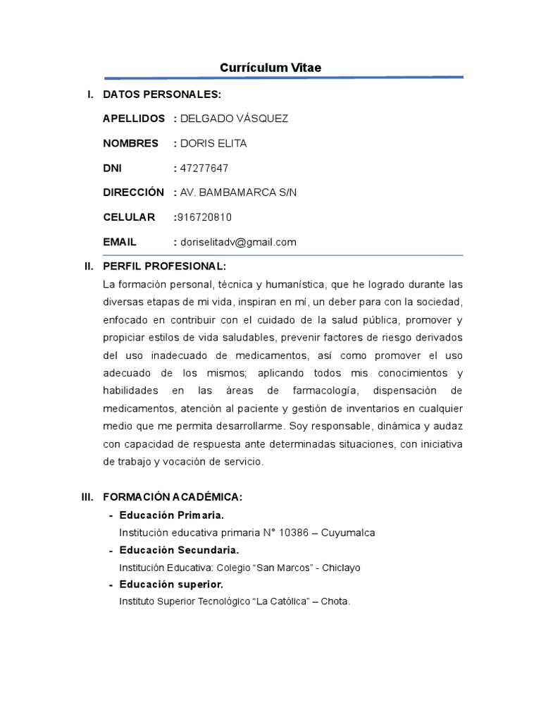 CV - Doris Delgado Vásquez MOFIFICADO | PDF | Farmacia | Farmacéutico