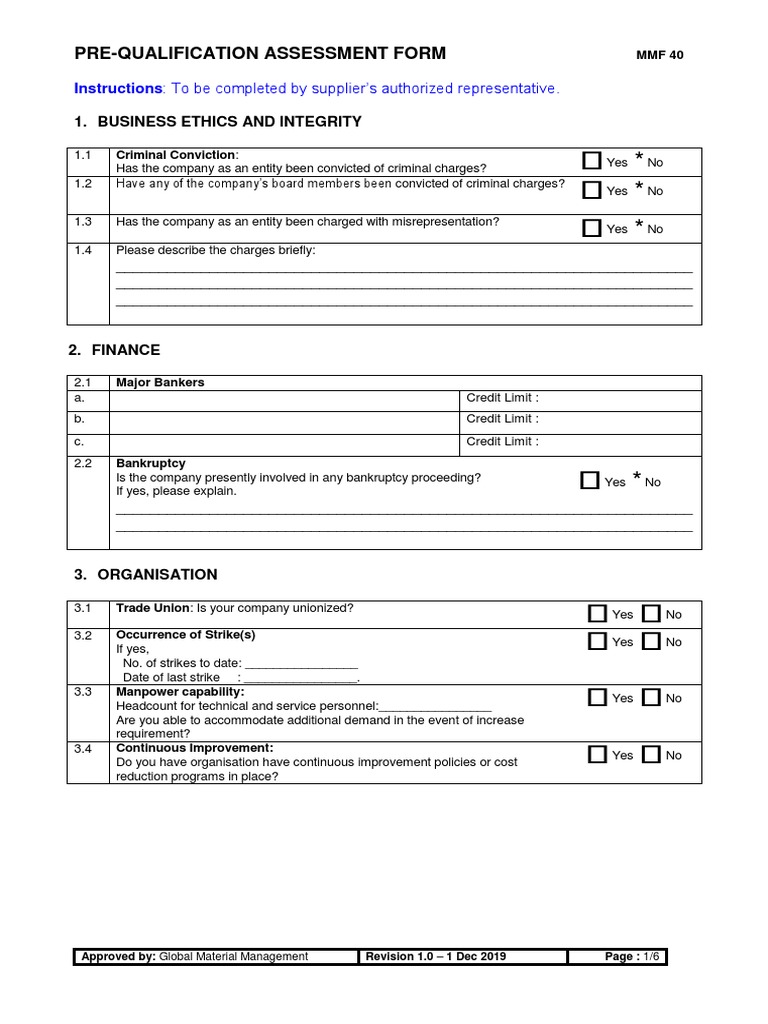 MMF40 - Pre-Qualification Assessment Form PDF | PDF