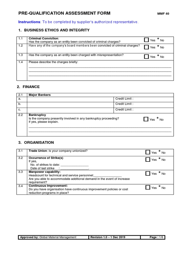 MMF40 - Pre-Qualification Assessment Form PDF | PDF | Personal ...