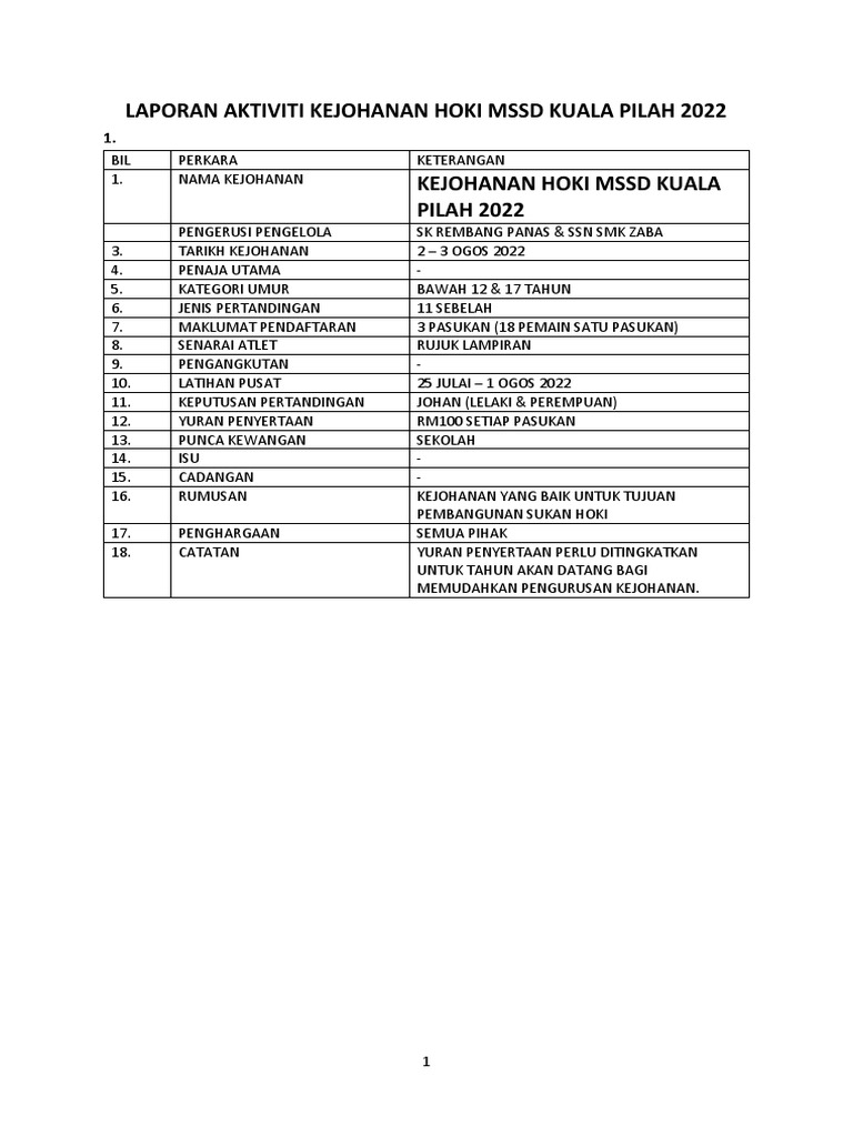 Laporan Aktiviti Kejohanan Hoki MSSD Kuala Pilah 2022 | PDF