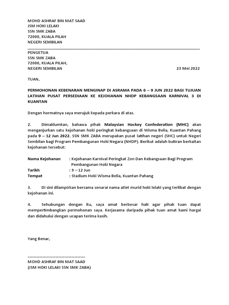 Surat Kebenaran Tinggal Di Asrama | PDF