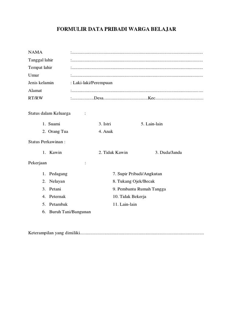 Formulir Data Pribadi Warga Belajar PDF | PDF | Memasak, Makanan ...