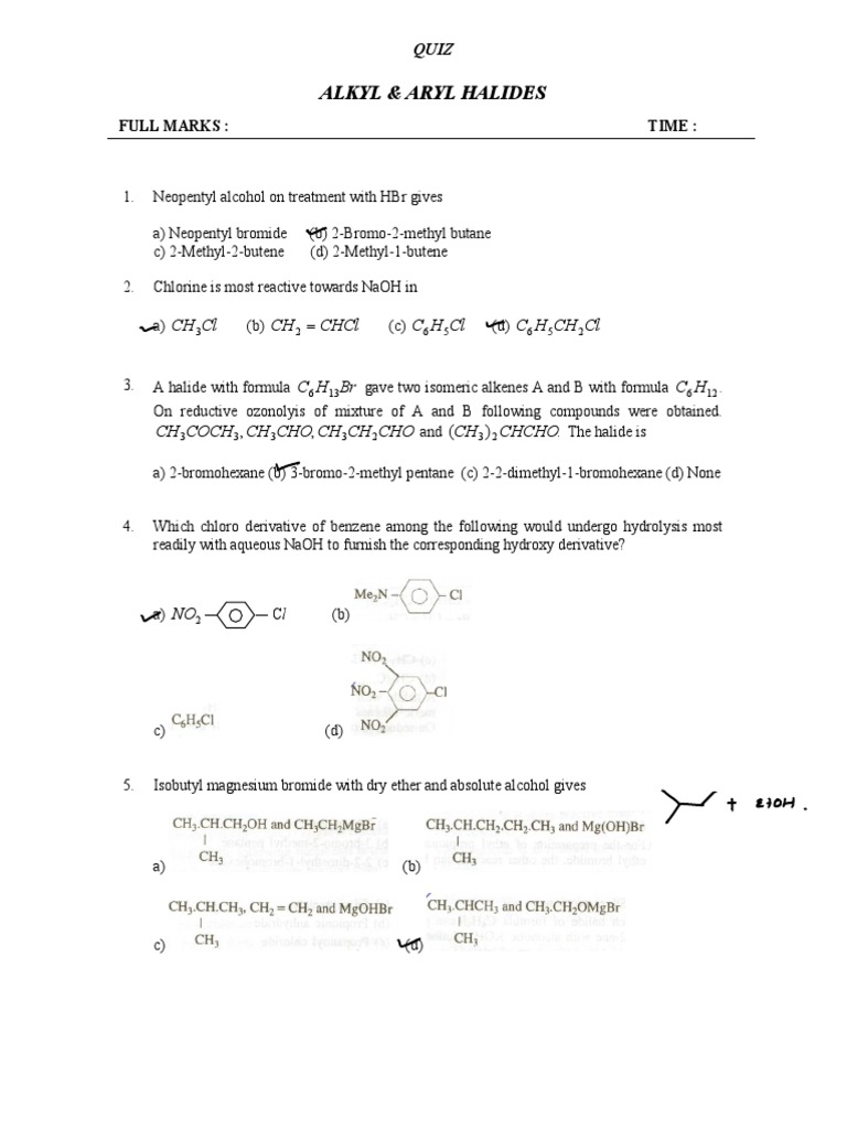 Quiz - Alkyl & Aryl Halides | PDF