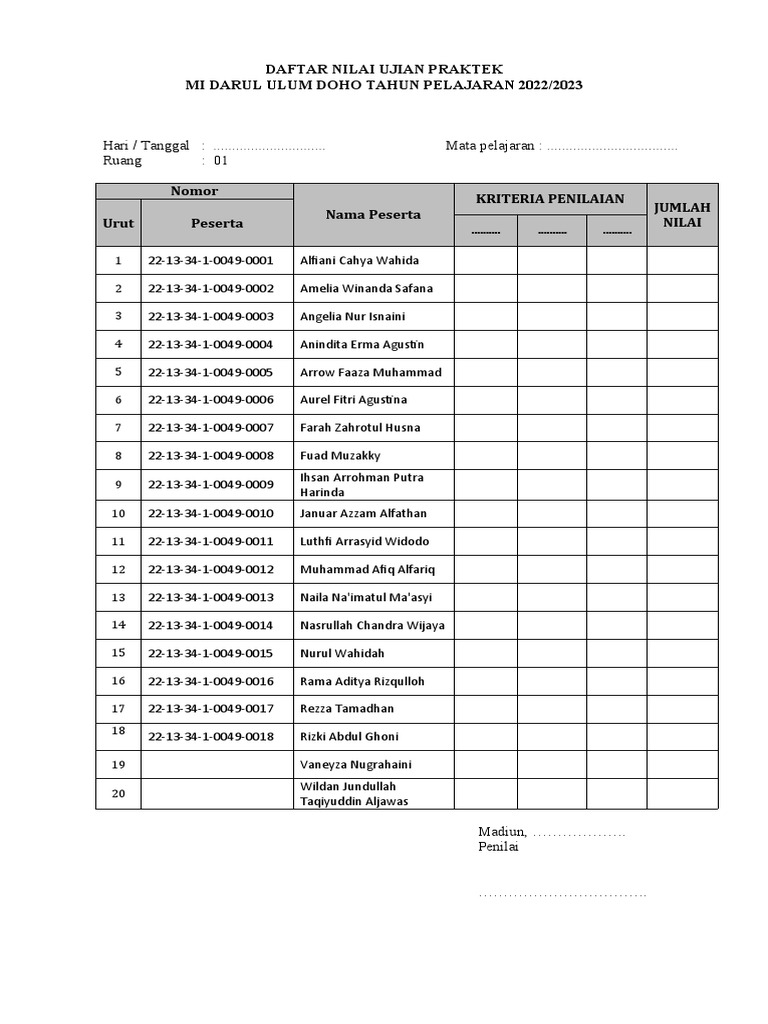 Daftar Nilai Ujian Praktek | PDF