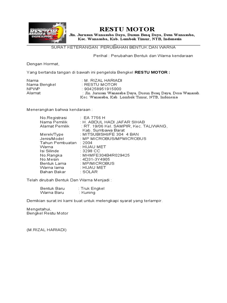 Surat Keterangan Rubah Bentuk | PDF
