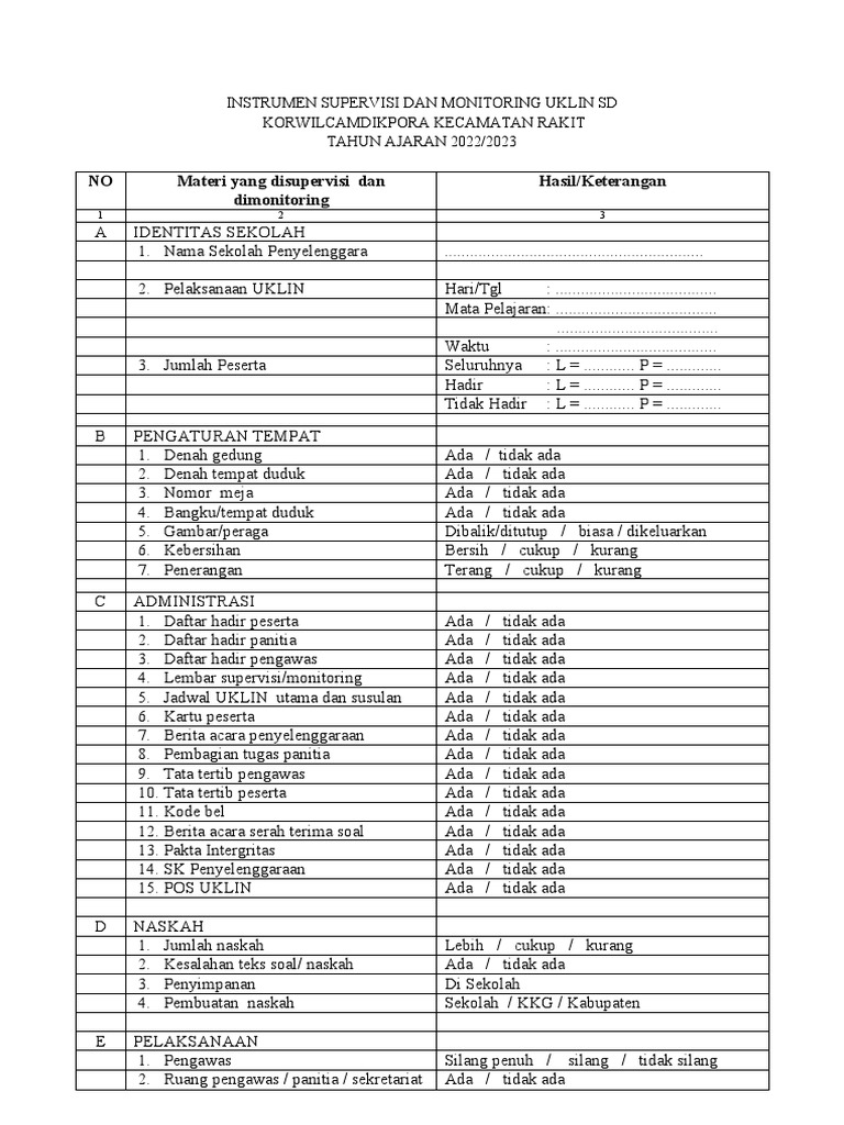 Supervisi UKLIN SD Rakit 2022/2023 | PDF