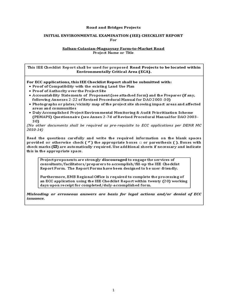 IEE Checklist - Salban-Culasian-Magsaysay Farm-to-Market Road PDF | PDF ...