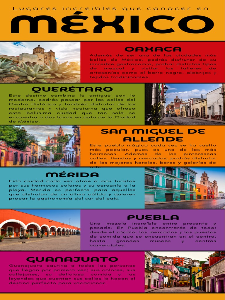 Infografía Lugares Increíbles Que Conocer en México Fotos Colorido Amarillo | PDF | Arte