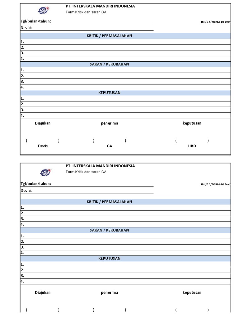 Form kritik dan saran GA.xlsx | PDF