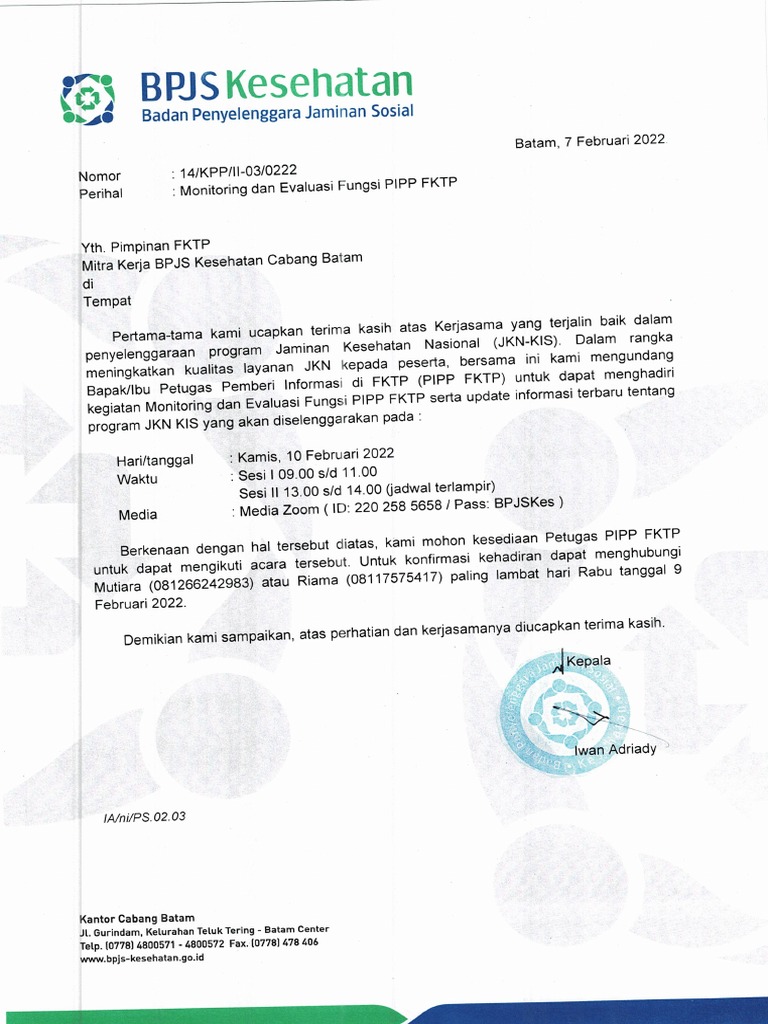 Undangan Monitoring Dan Evaluasi Fungsi PIPP FKTP | PDF