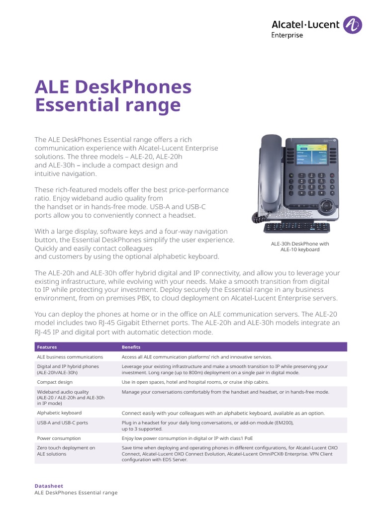 ALE DeskPhones Essential Range Datasheet en PDF | PDF | Usb | Cloud Computing