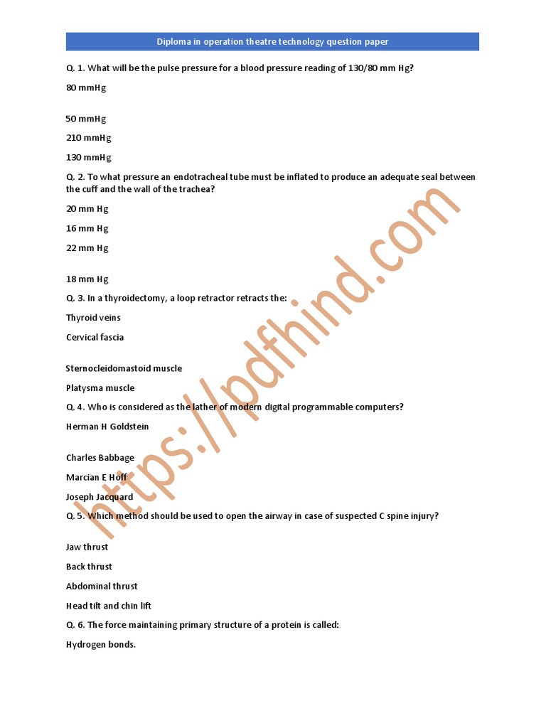 Diploma in Operation Theatre Technology Question Paper PDF | PDF