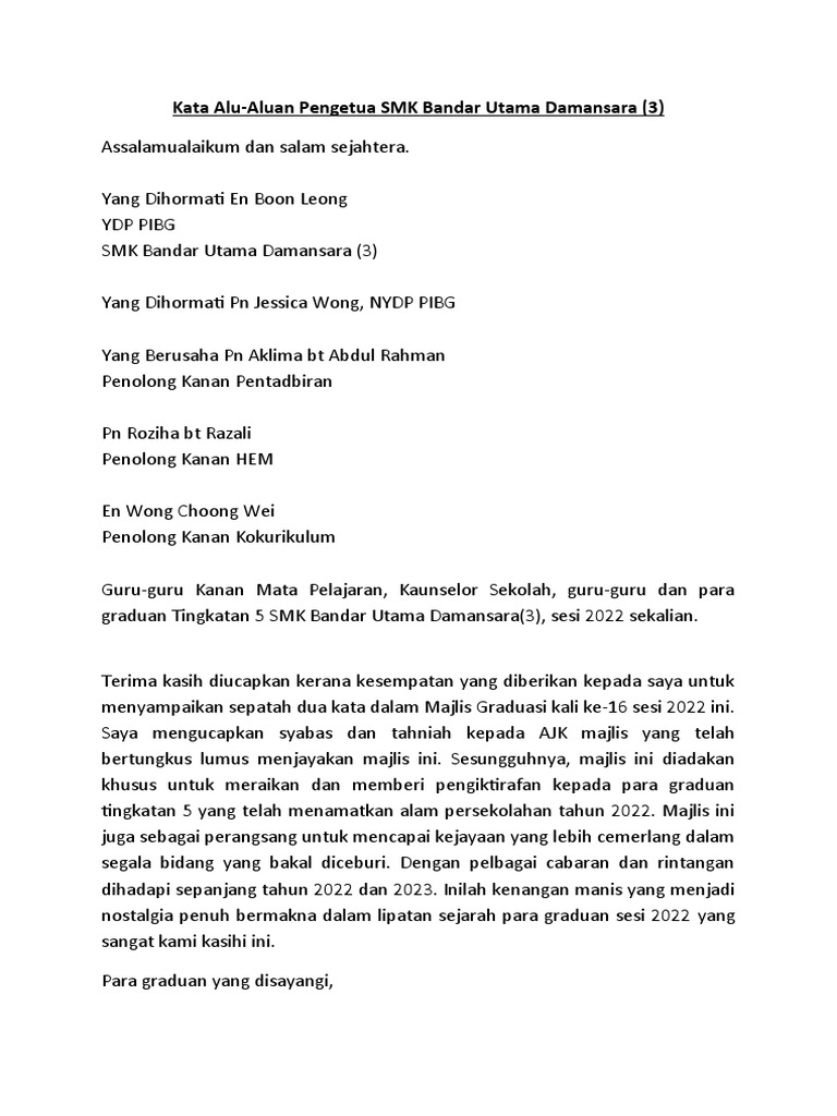 Kata Alu-Aluan Graduasi SMK Bandar Utama | PDF