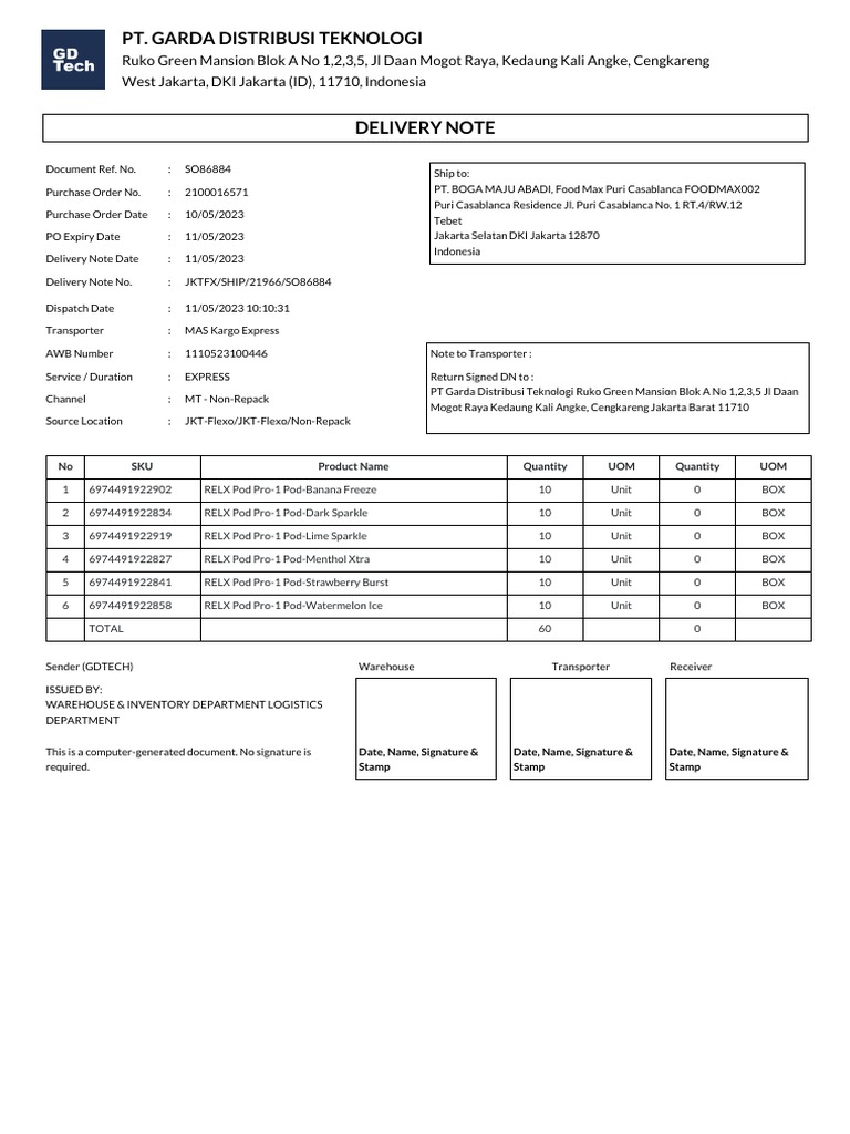Delivery Note for PT. Boga Maju Abadi | PDF
