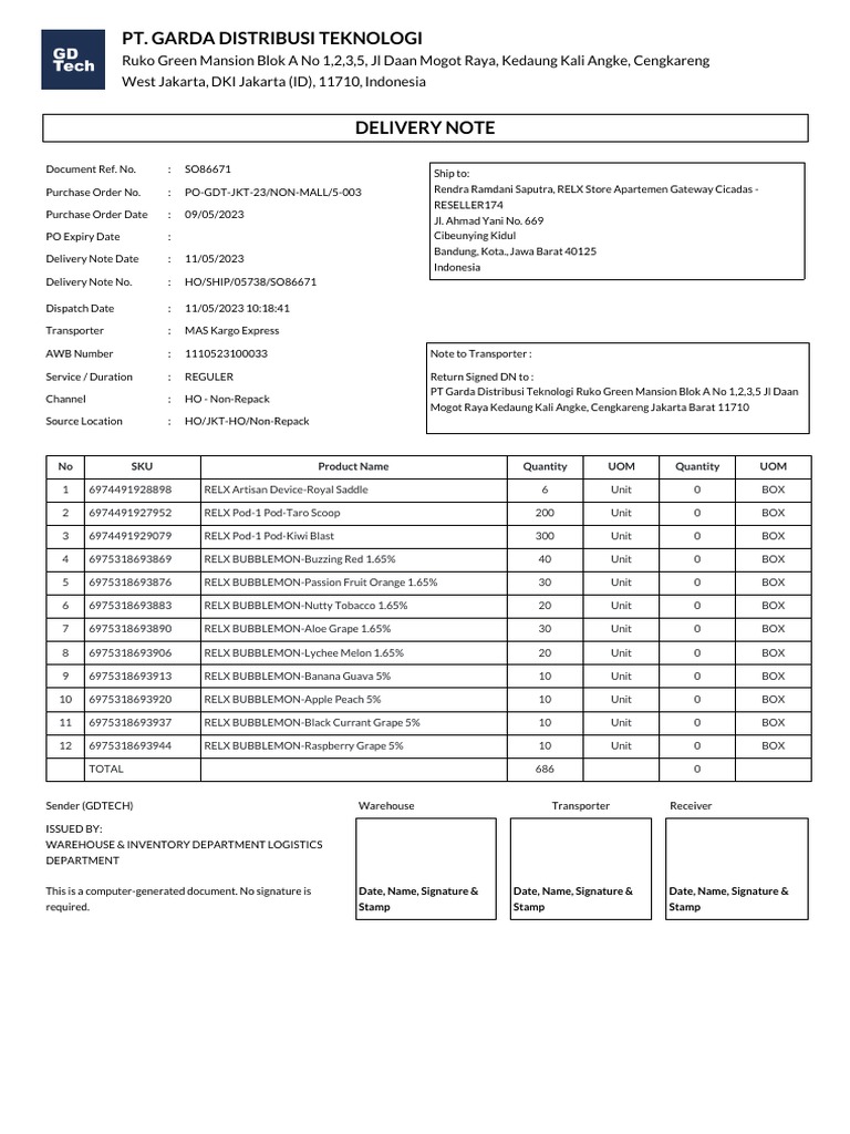 Delivery Note - Ho - Ship - 05738 - So86671 PDF | PDF