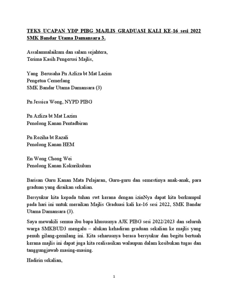 Teks Ucapan Ydp Pibg Majlis Graduasi 2022 | PDF