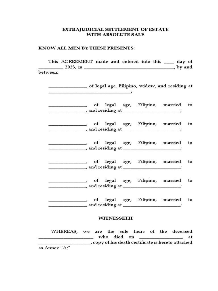 Extrajudicial Settlement of Estate With Absolute Sale Sample | PDF ...