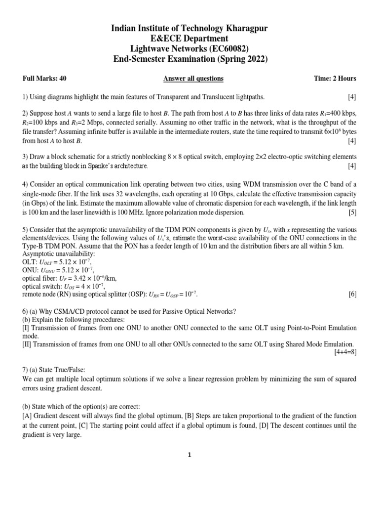 Endsem Lightwave Networks 2022 Final | PDF | Regression Analysis | Fiber Optic Communication