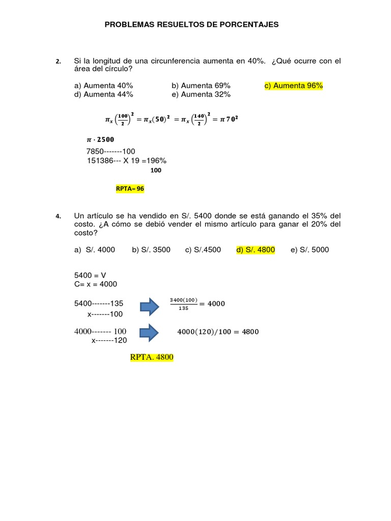 Resolución de problemas de porcentajes con ejemplos prácticos | PDF