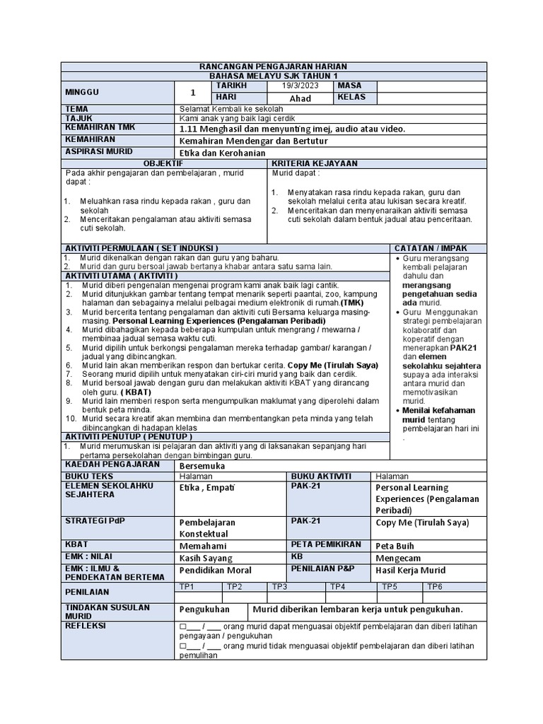 Contoh RPH Minggu Pertama Persekolahan TS25 | PDF