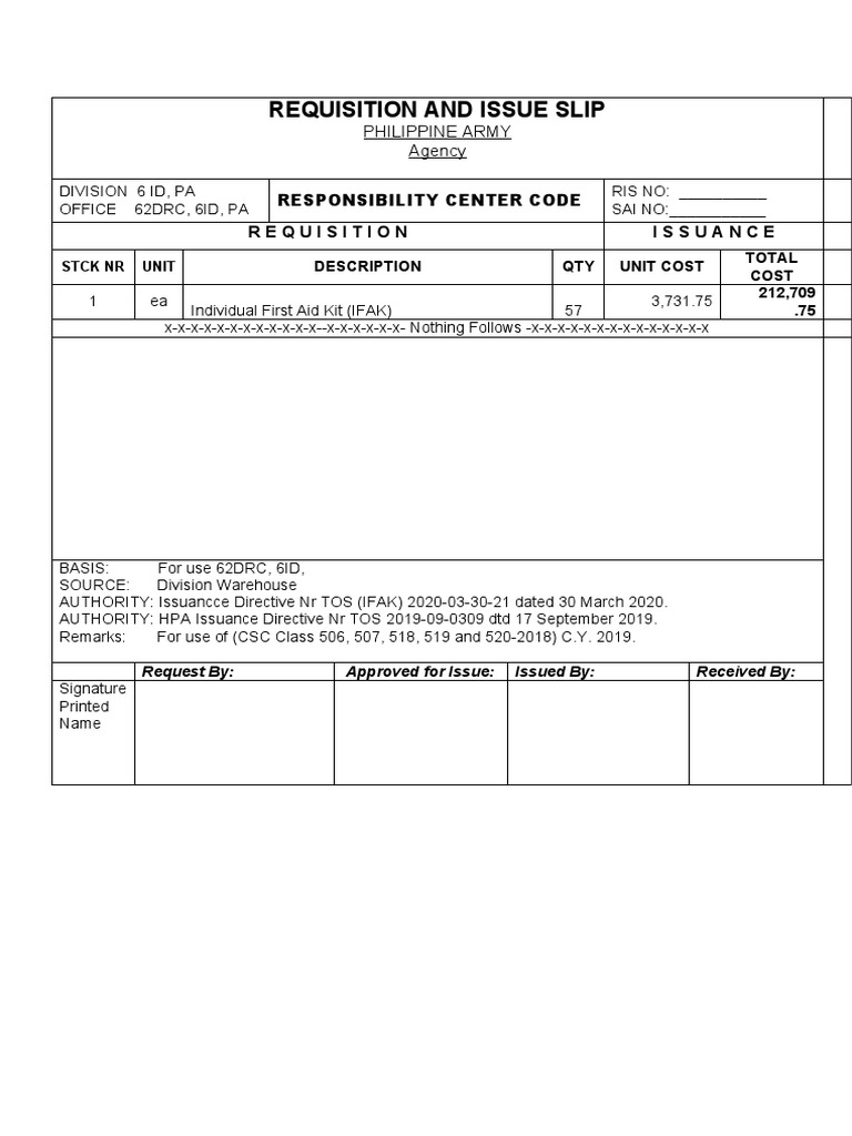 Philippine Army Requisition Slip for IFAK | PDF