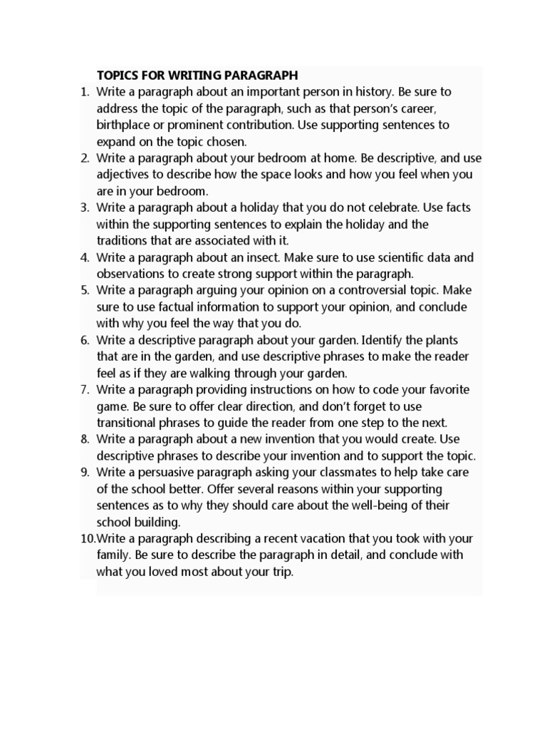 Topics For Writing Paragraph | PDF