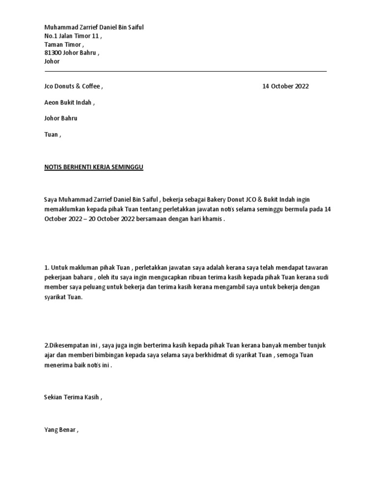 Surat Berhenti Kerja | PDF