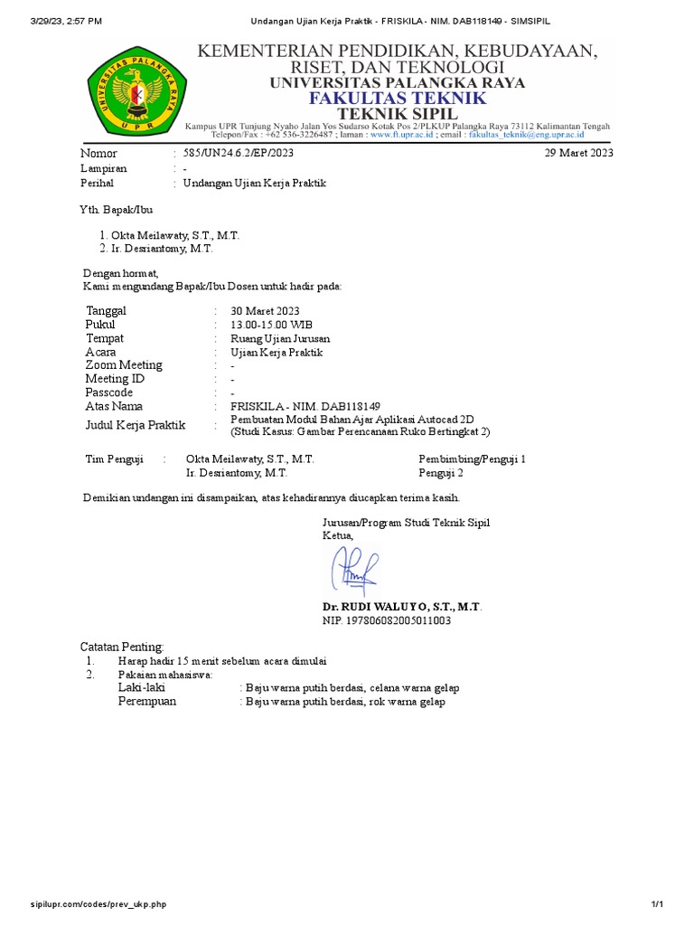 16Undangan Ujian Kerja Praktik - FRISKILA - NIM. DAB118149 - SIMSIPIL | PDF